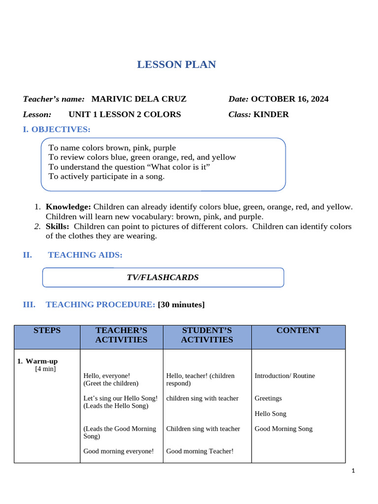 LESSON PLAN COLOR | PDF | Learning