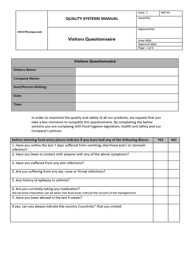 Visitor Health Questionnaire for Food Safety | PDF