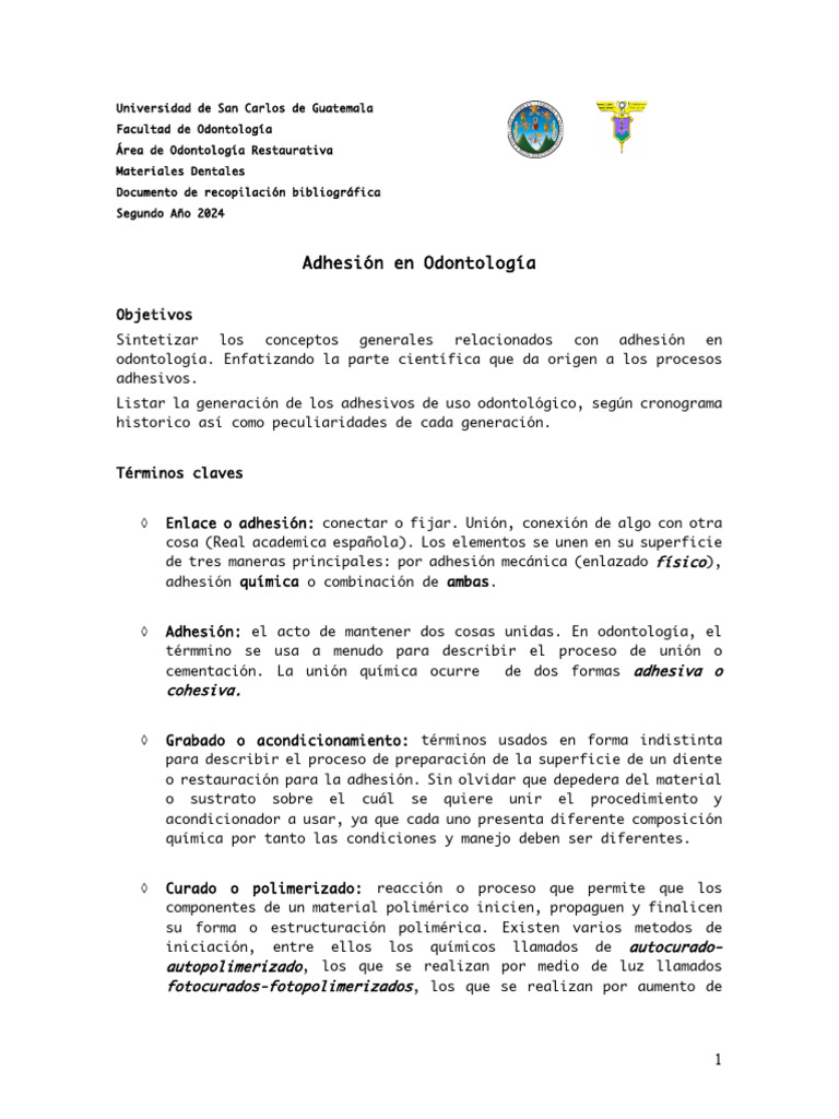 Adhesión en Odontología: Conceptos Clave | PDF | Adhesión | Esmalte de ...