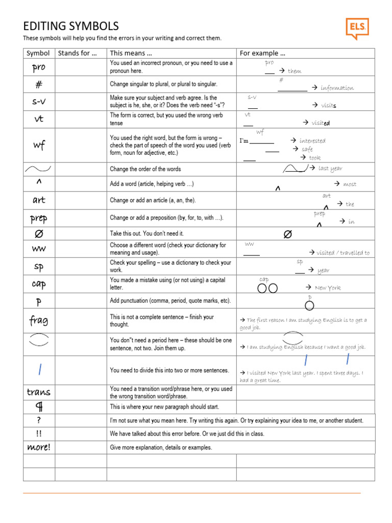 Editing Symbols for Writing Corrections | PDF | Verb | Grammatical Number