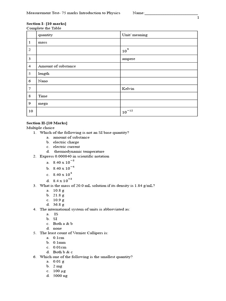 Measurement Test FOR INTO To Physics | PDF | Density | Kilogram