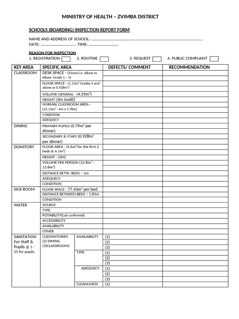 School (Boarding) Inspection Checklist | PDF | Classroom