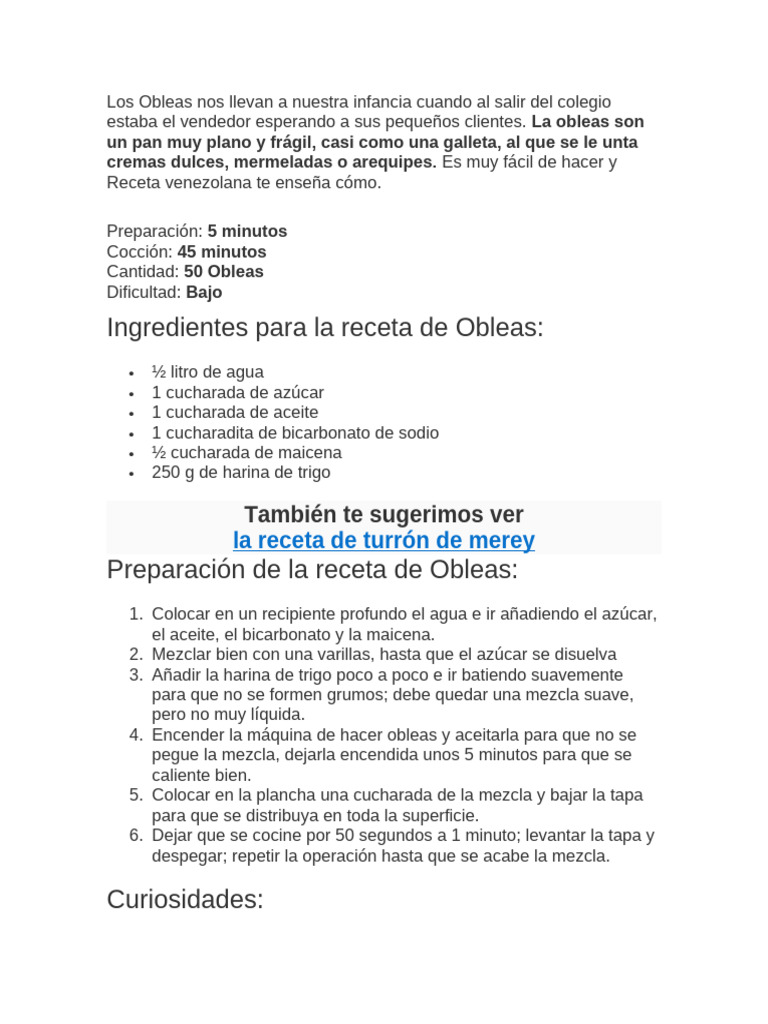 Receta fácil de obleas caseras | PDF