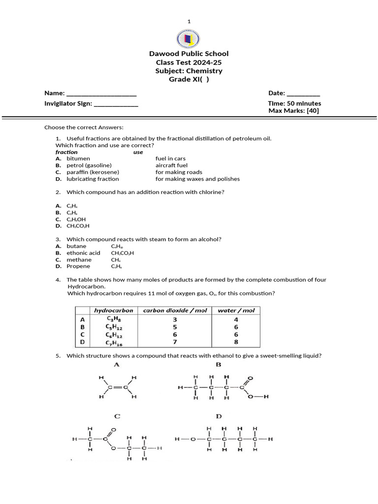 Organic Chemistry Class Test Pdf Hydrocarbons Ethanol