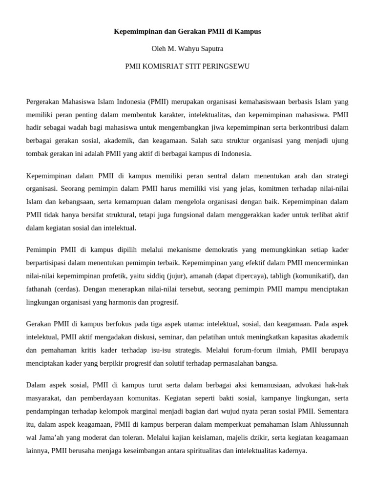 Kepemimpinan Dan Gerakan PMII Di Kampus | PDF