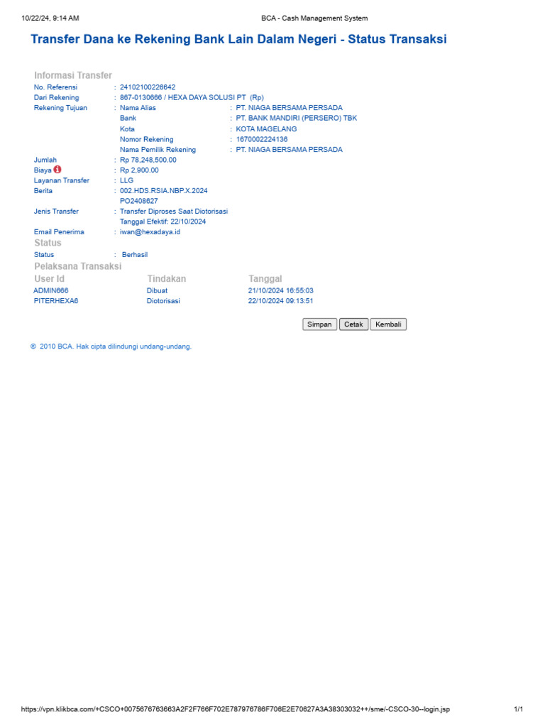 Status Transfer Dana Berhasil LLG | PDF