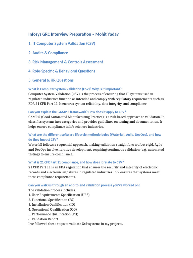 Infosys GRC Interview Preparation Complete | PDF | Verification And Validation | Regulatory ...