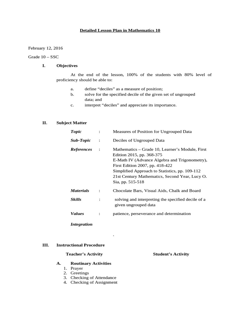 Detailed Lesson Plan in Mathematics 10 Decile 1 | PDF | Mathematics ...