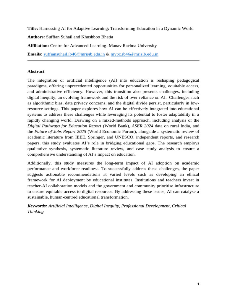 Harnessing AI for Adaptive Learning | PDF | Artificial Intelligence | Intelligence (AI) & Semantics