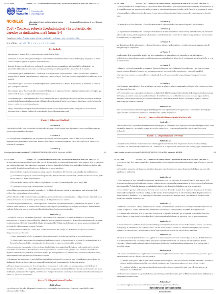 Oit 87 | PDF | Tratado | Organización Internacional del Trabajo