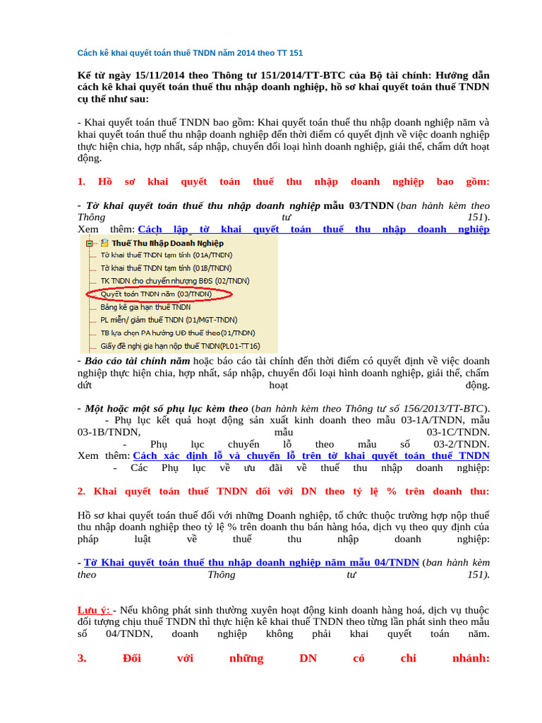 Cách kê khai quyết toán thuế TNDN năm 2014 theo TT 151 | PDF