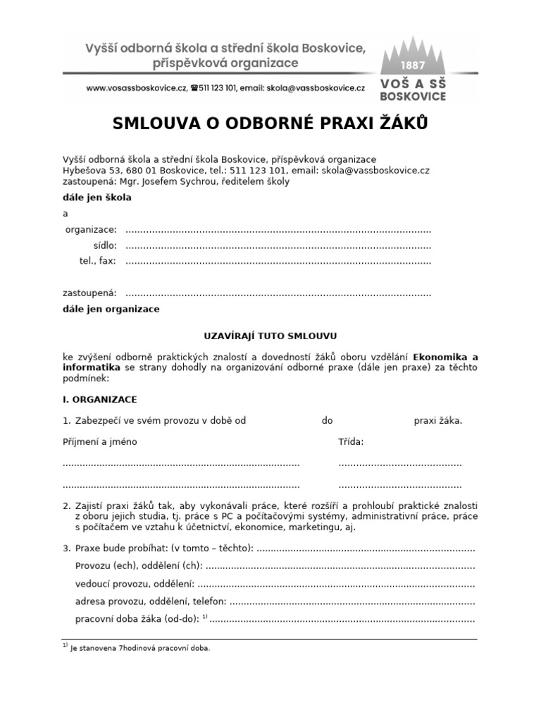 Smlouva O Odborné Praxi Žáků: Dále Jen Škola | PDF