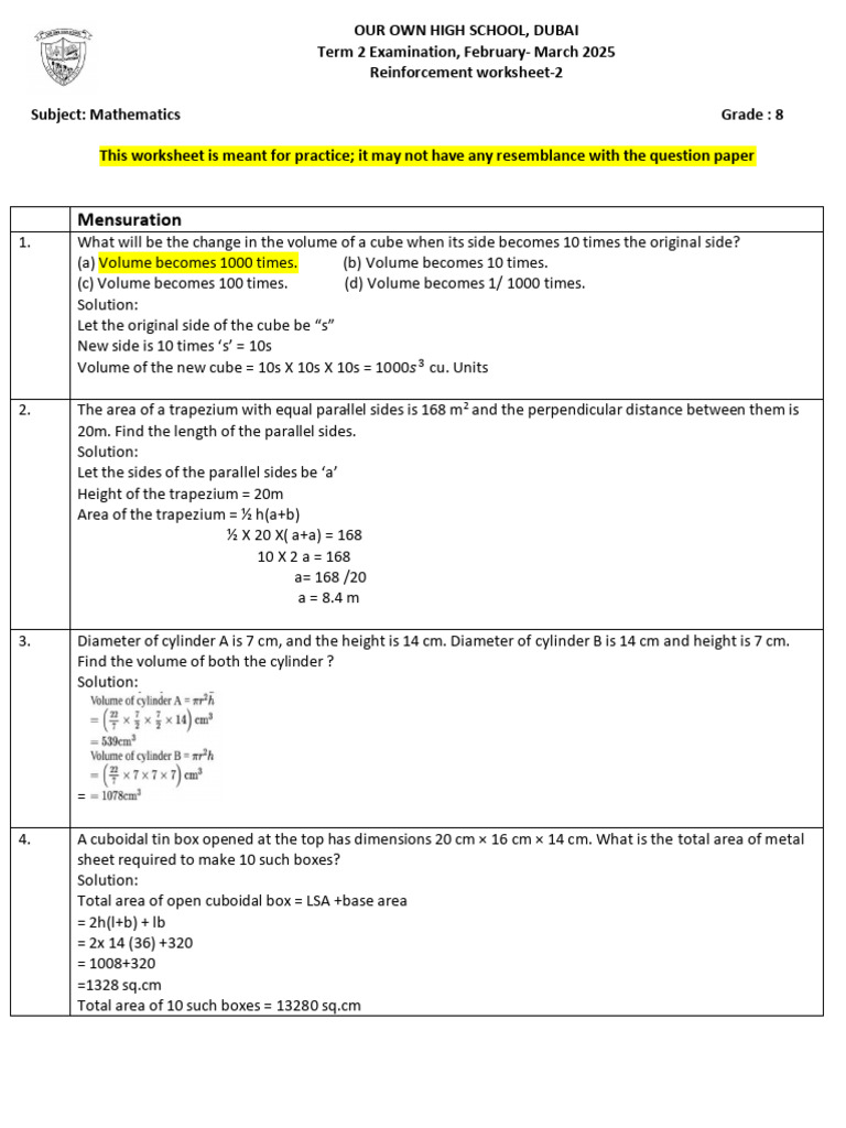 GR 8 Math Reinforcement Worksheet 2 - 2024-25 Answer Key | PDF | Volume ...