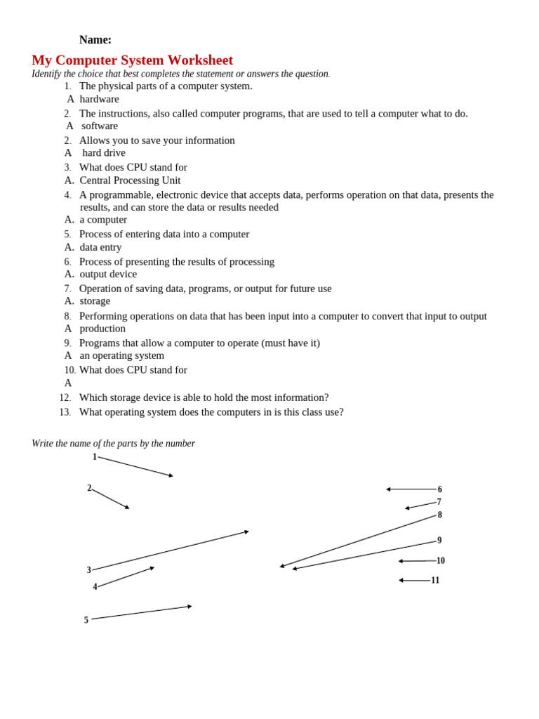 My Computer System Worksheet | PDF | Input/Output | Computer Hardware