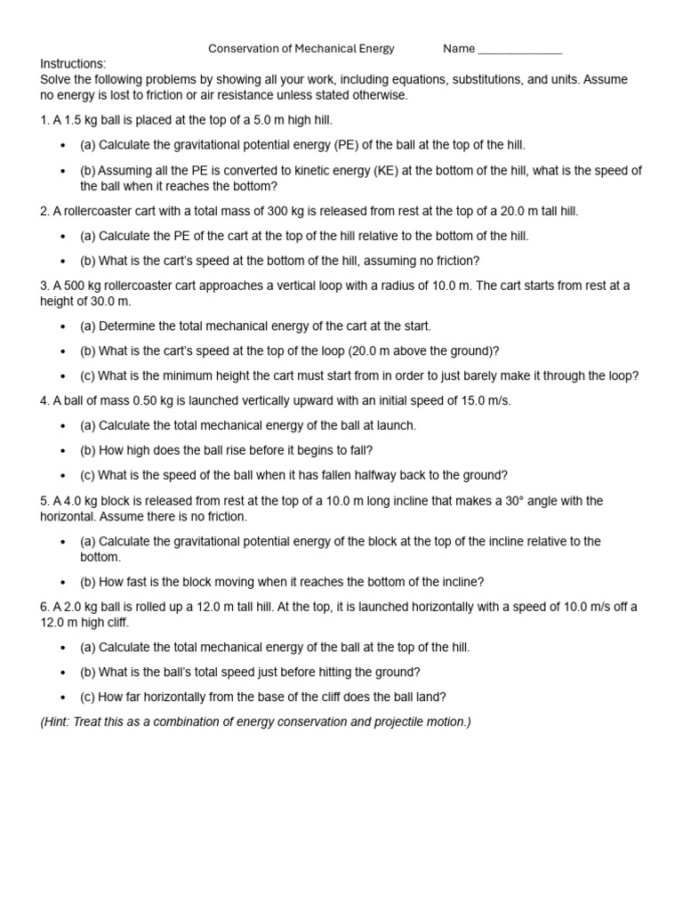 Mechanical Energy Conservation Problems | PDF