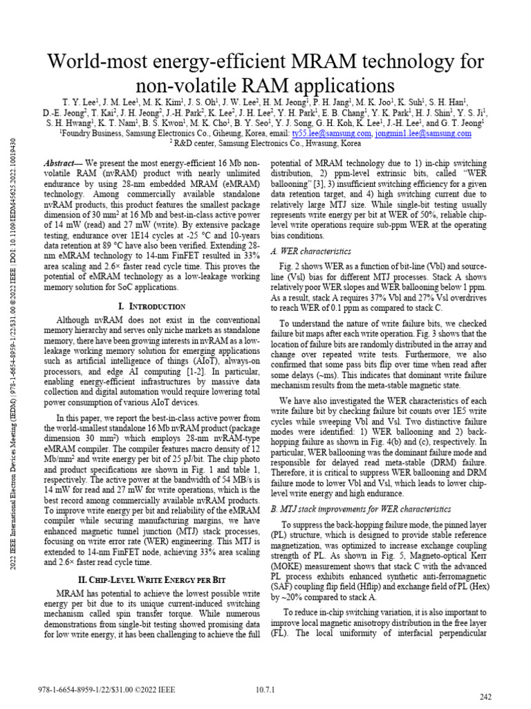 World-Most Energy-Efficient MRAM Technology For Non-Volatile RAM ...