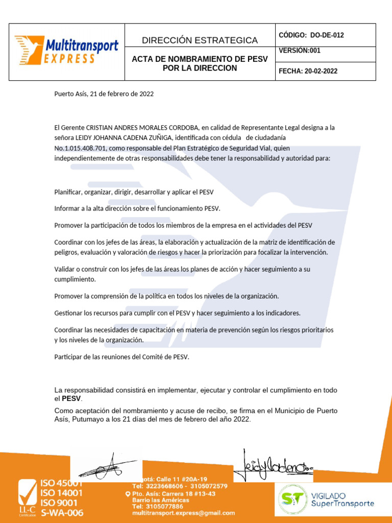 Nombramiento Responsable PESV 2022 | PDF