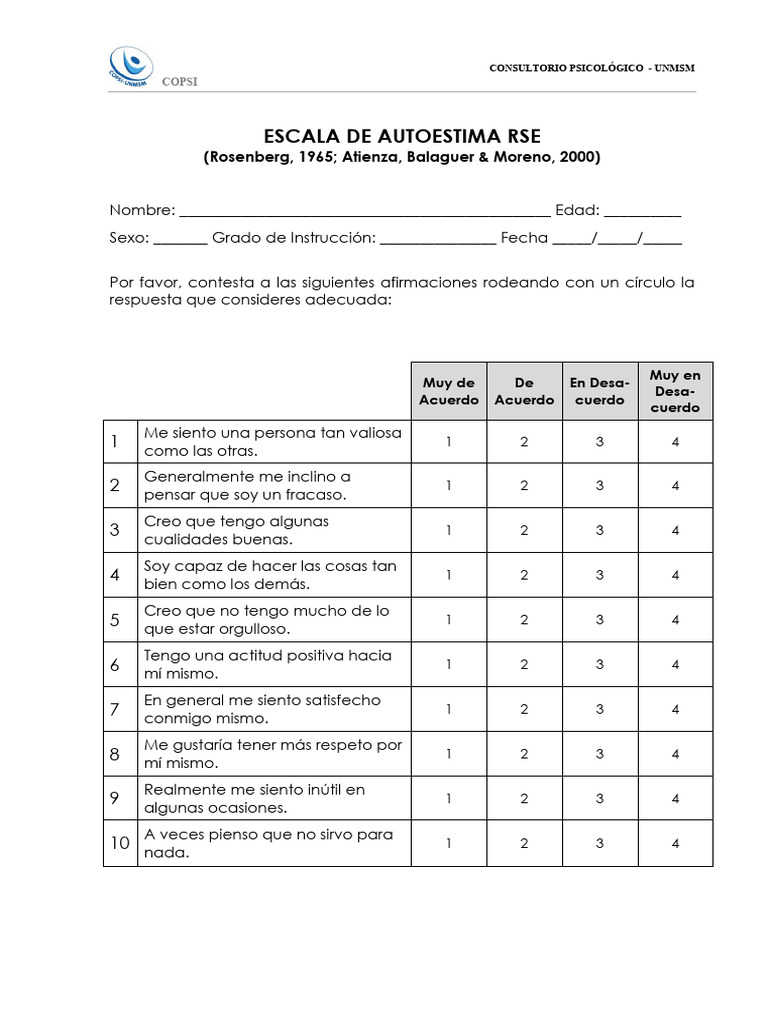 Rosenberg - Escala de Autoestima + Correccion | PDF | Autoestima ...