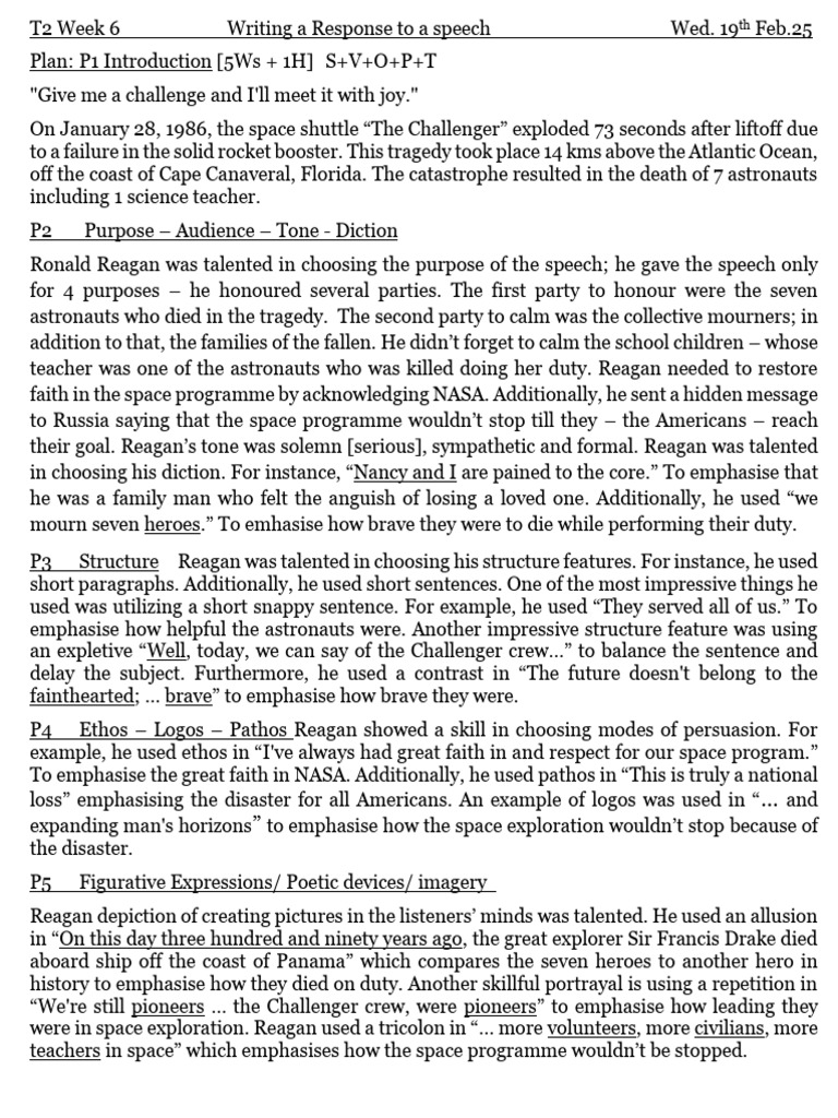 Reagan's Challenger Speech Analysis | PDF | Space Shuttle Challenger ...