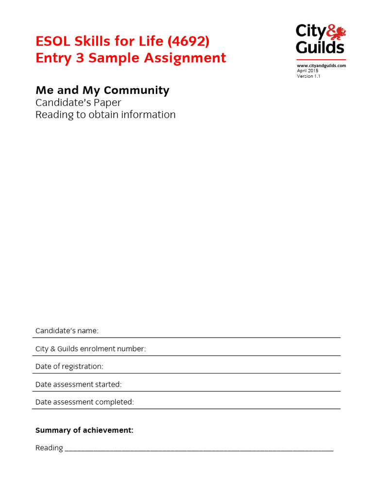 ESOL Entry 3 Reading Assignment | PDF