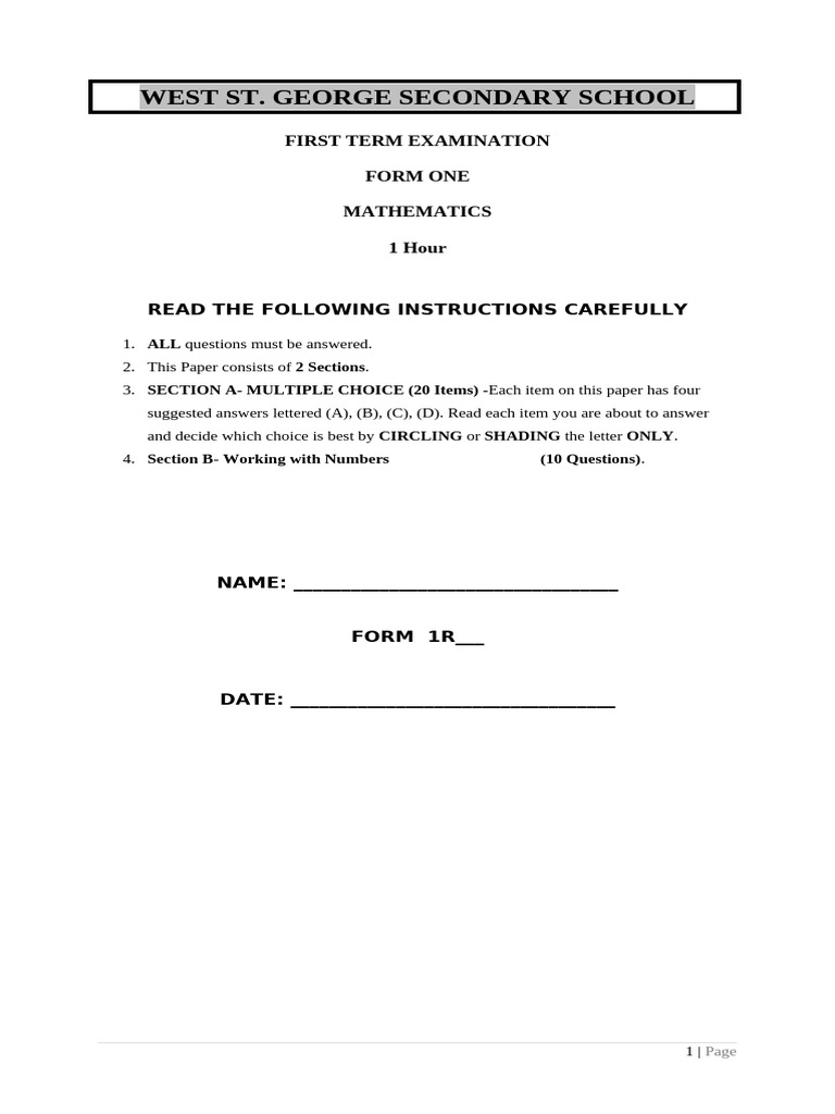 Form 1 Mathematics Exam Paper | PDF | Multiple Choice | Number Theory
