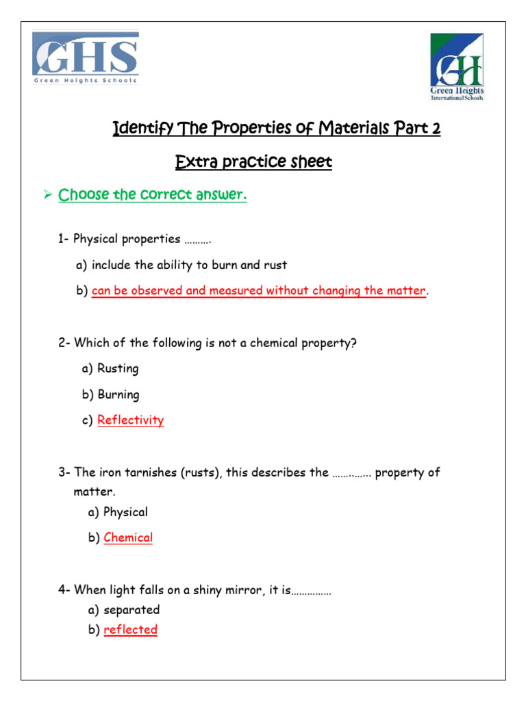Properties of Materials Practice Sheet | PDF