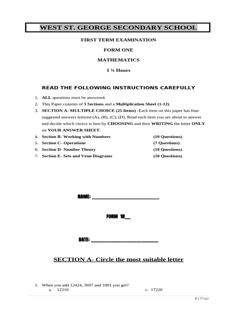 Form 1 - Paper - Term 1 - Mathematics - 2019 | PDF | Numbers | Mathematics