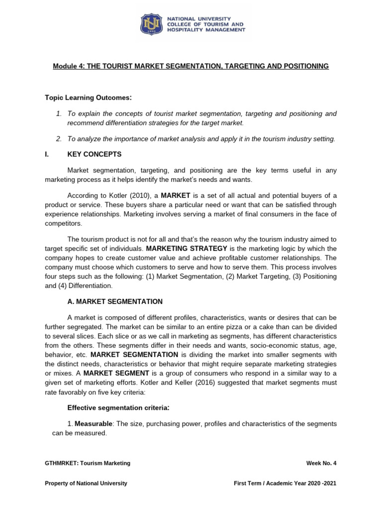 Module 4 Tourist Market Segmentation Targeting and Positioning | PDF ...