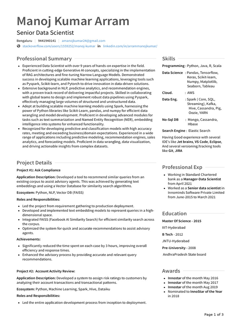 Manoj Kumar Arram Resume PDF | PDF | Machine Learning | Apache Spark