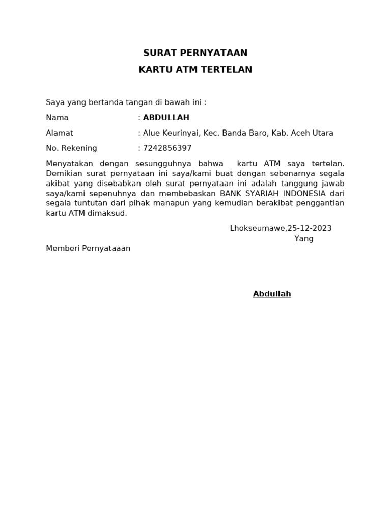 Surat Pernyataan Atm Tertelan | PDF