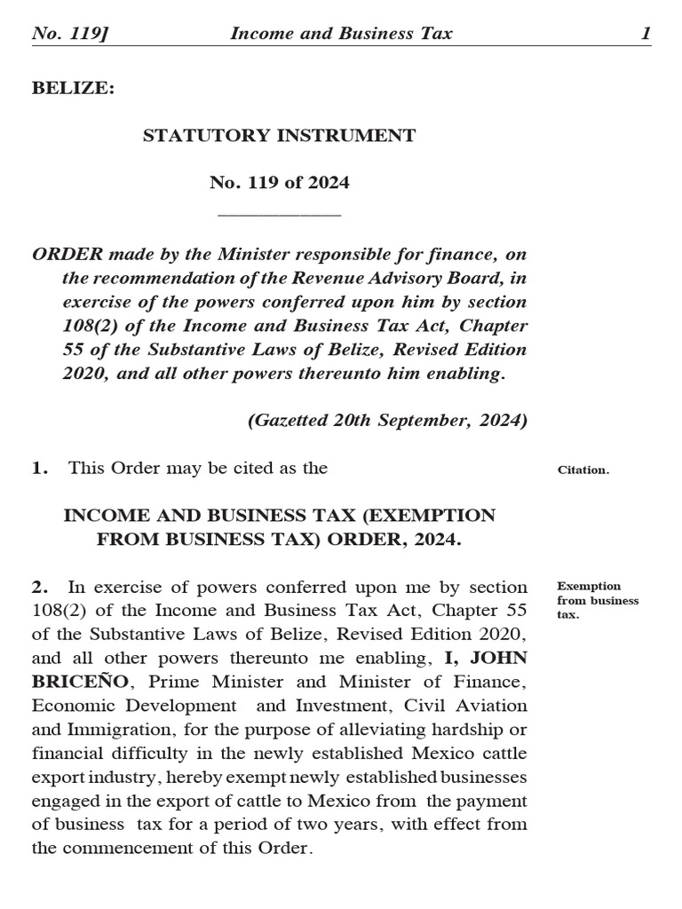 SI No. 119 of 2024 Income and Business Tax Exemption From Business Tax ...