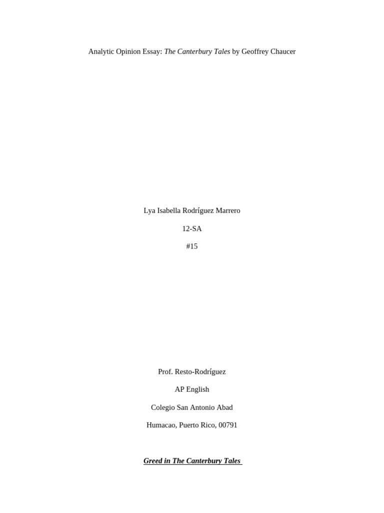 Analytic Essay: The Canterbury Tales | PDF | The Canterbury Tales | Greed