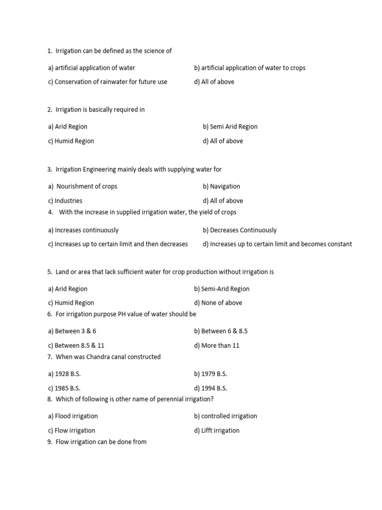 Irrigation Day 1 & Day 02 MCQs - 1 | PDF | Irrigation | Evapotranspiration