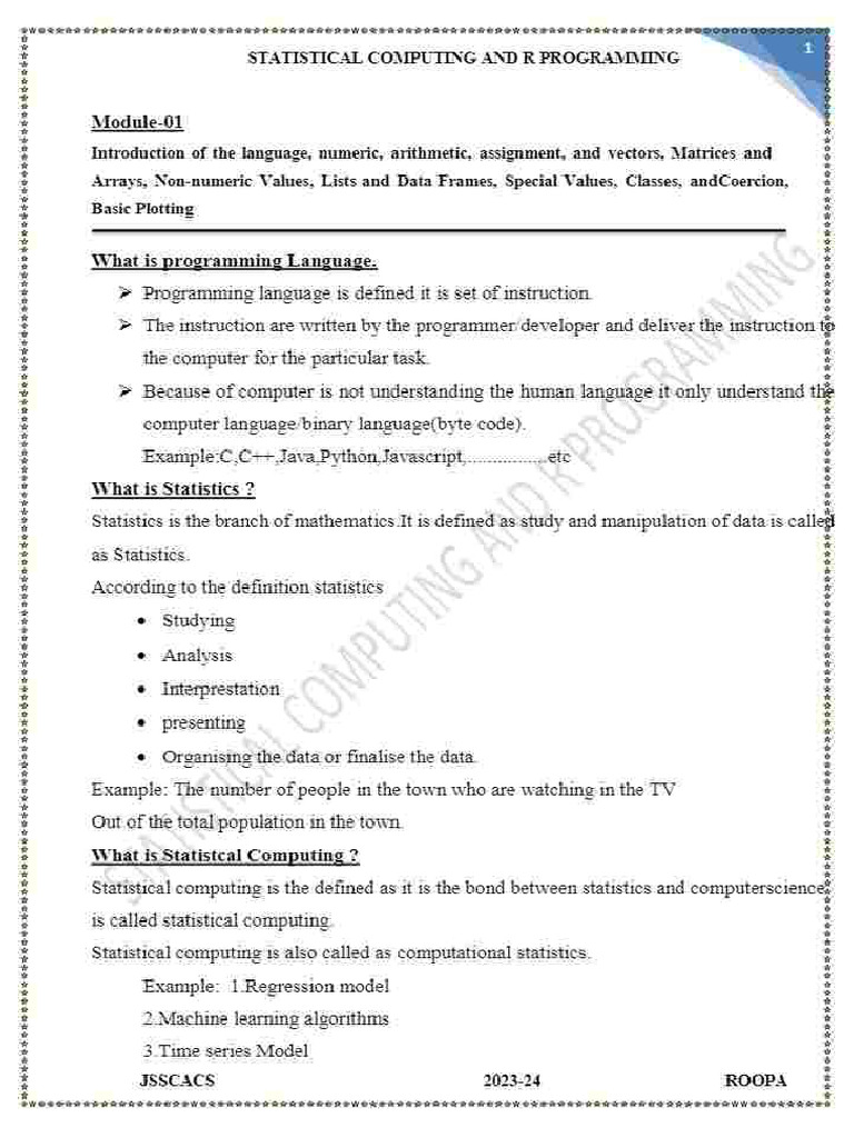 Module-01 Statistical Computing and R Programming | PDF