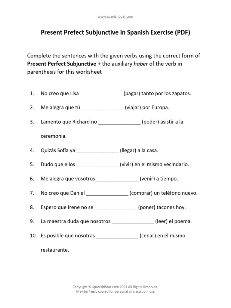 Ejercicio de Subjuntivo Perfecto en Español | PDF