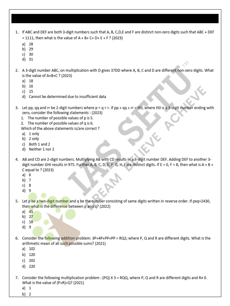 034) Basic Numeracy (Previous Year Question) (1) (1) PDF Dark | PDF