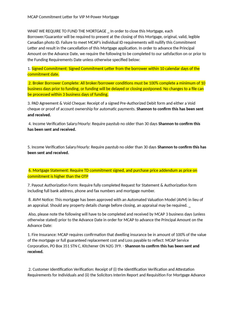 MCAP Checklist Commitment Letter For VIP M-Power Mortgage | PDF ...