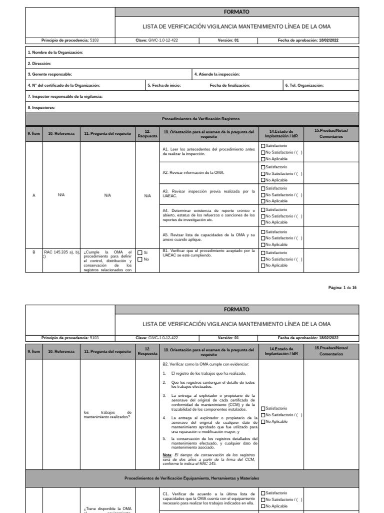 Lista de Verificación Vigilancia Mantenimiento Línea de La Oma | PDF