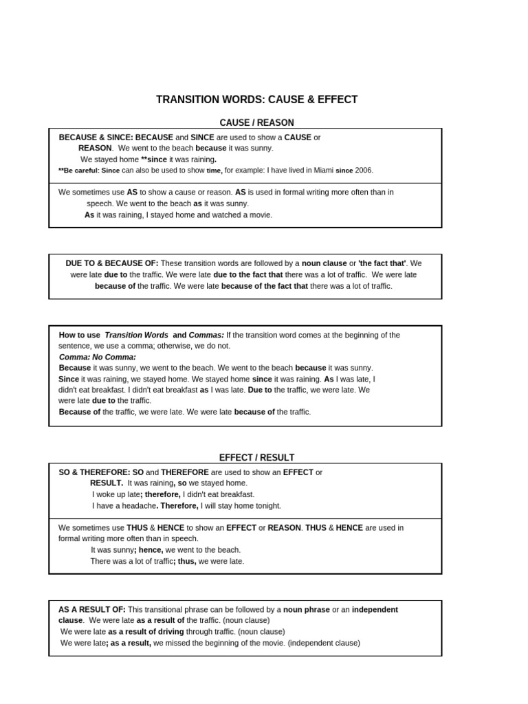 Cause and Effect Transition Words Guide | PDF | Phrase | Sentence ...
