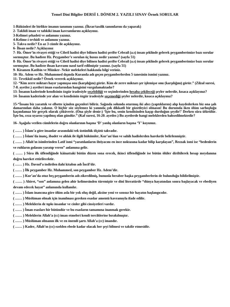 Temel Dini Bilgiler 2 Sınav Örnek Sorular | PDF