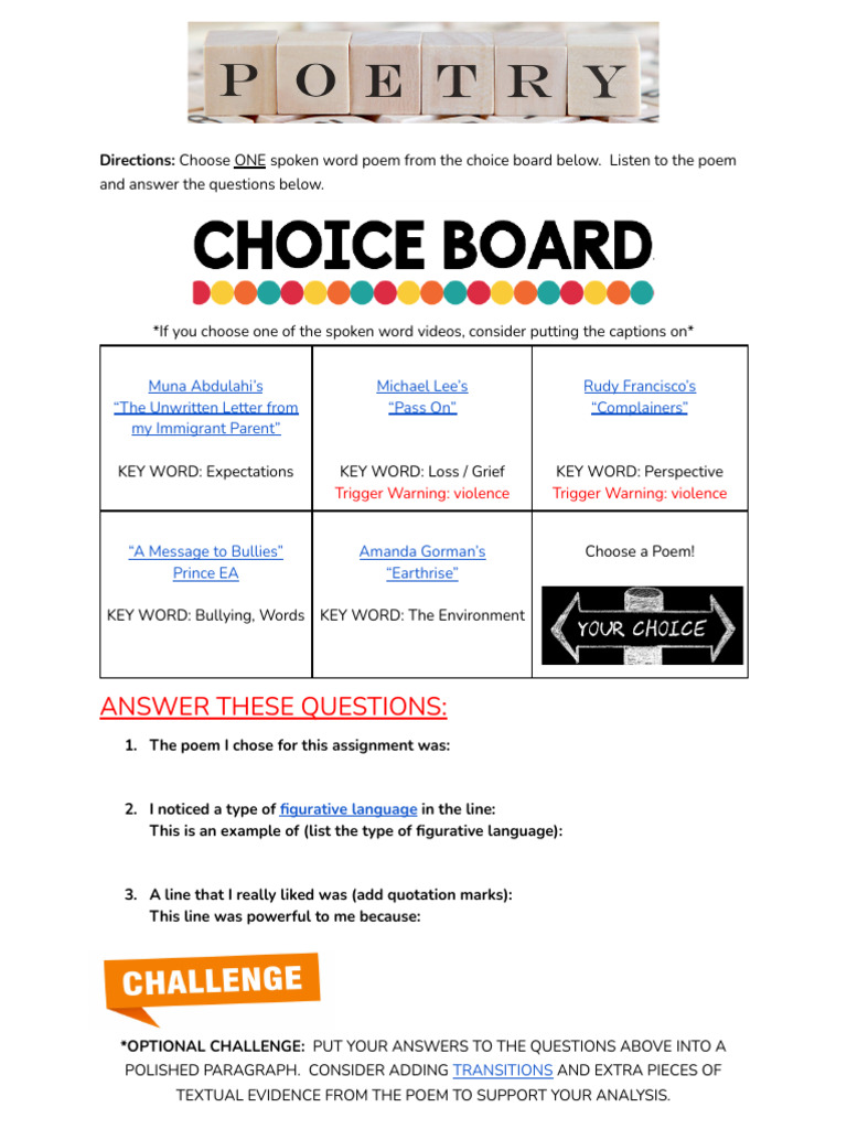 Grade 7 Spoken Word Poetry Assignment | PDF