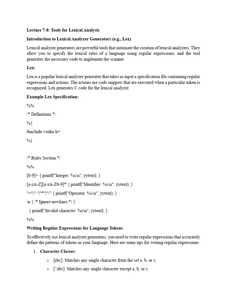 Lexical Analyzer Tools and Regex Guide | PDF