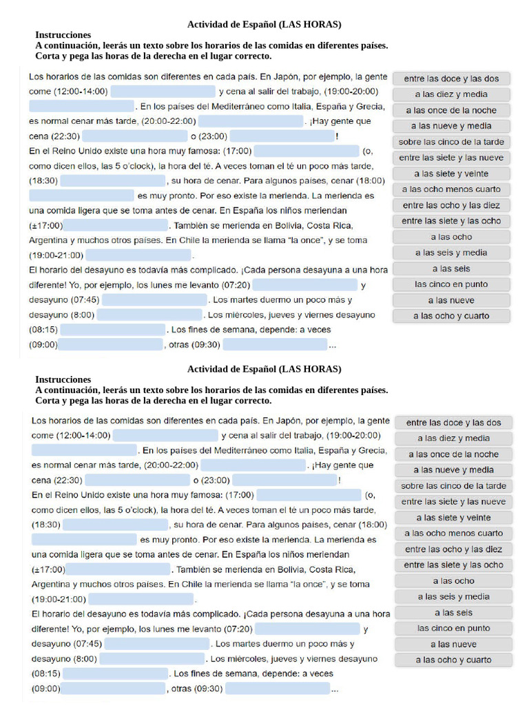 Actividad de Español - Las Horas | PDF