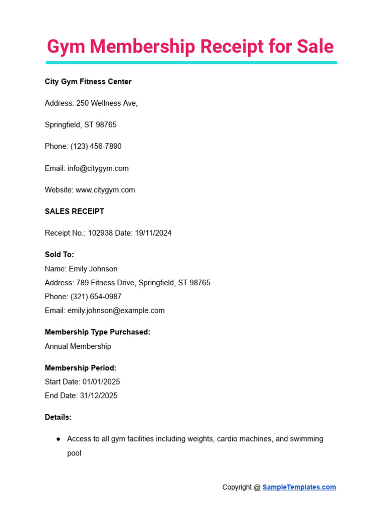 City Gym Annual Membership Receipt | PDF