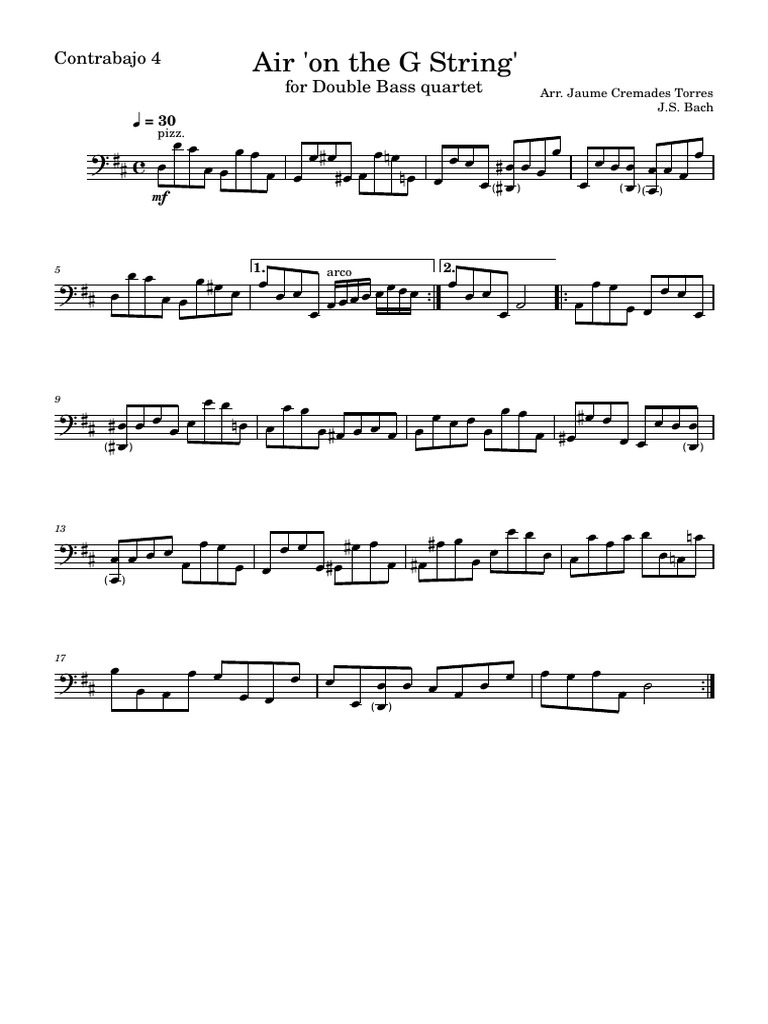 Air 'On The G String' Double Bass Quartet Contrabajo 4 | PDF