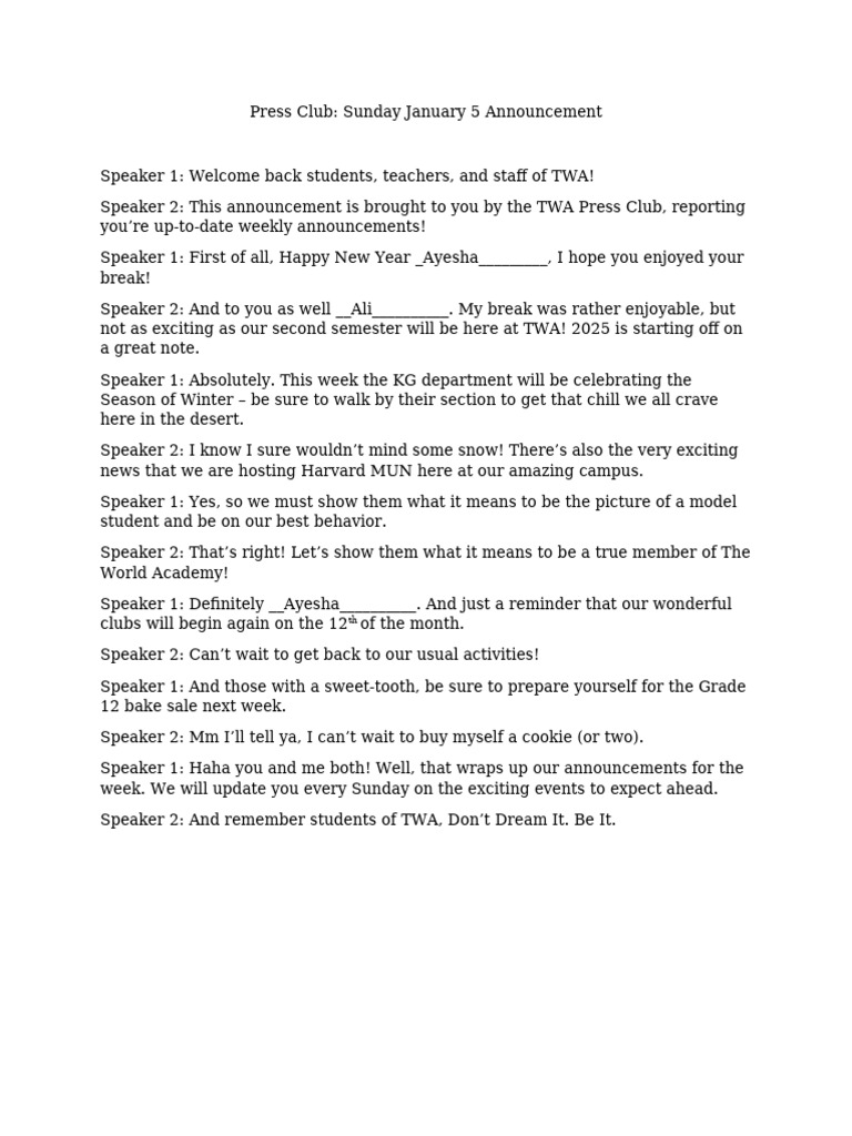 Weekly Announcement - Jan 5 | PDF