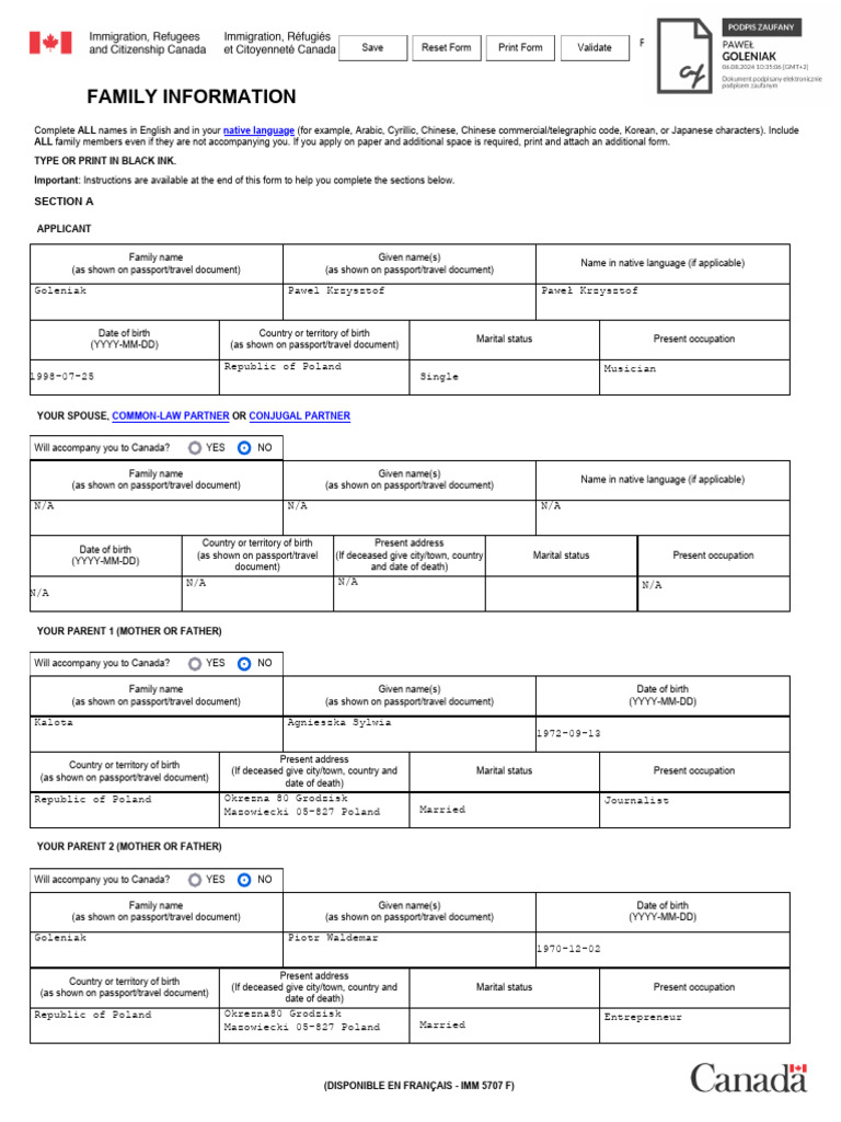 Family Information Form for Canada | PDF | Cultural Globalization ...