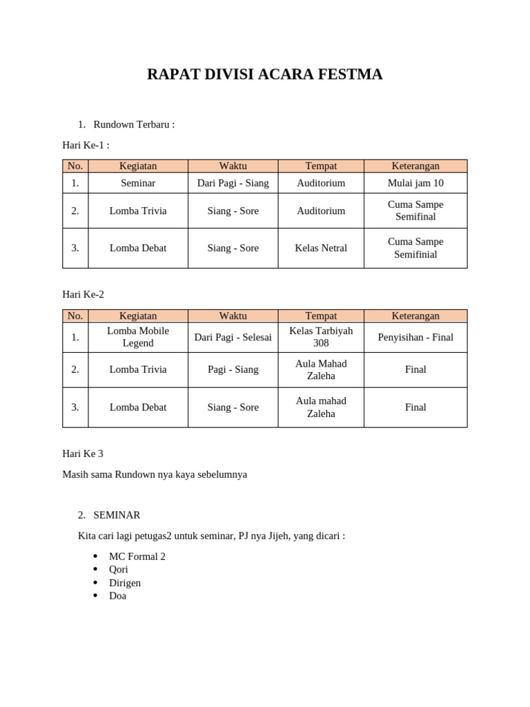 RAPAT DIVISI ACARA FESTMA 29 Jan | PDF