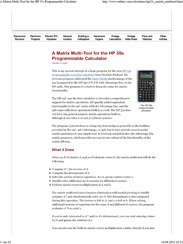A Matrix Multi-Tool For The HP 35s Programmable Calculator | PDF ...