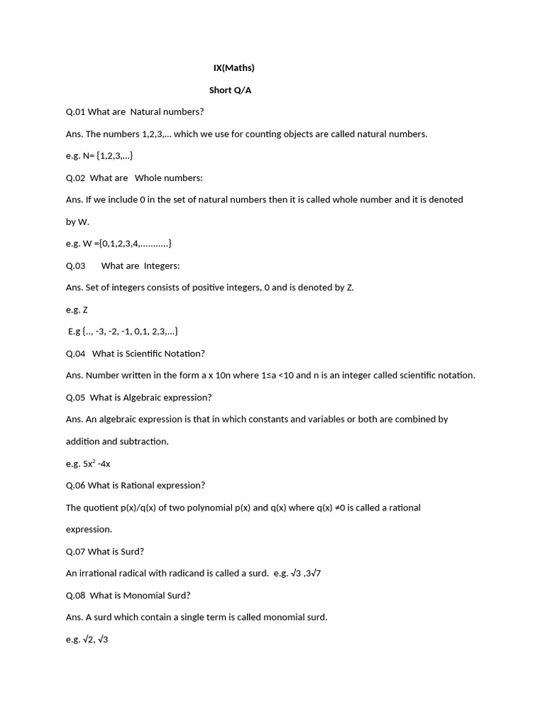 IX (Maths) Additional 20 Q and A | PDF | Integer | Mathematics